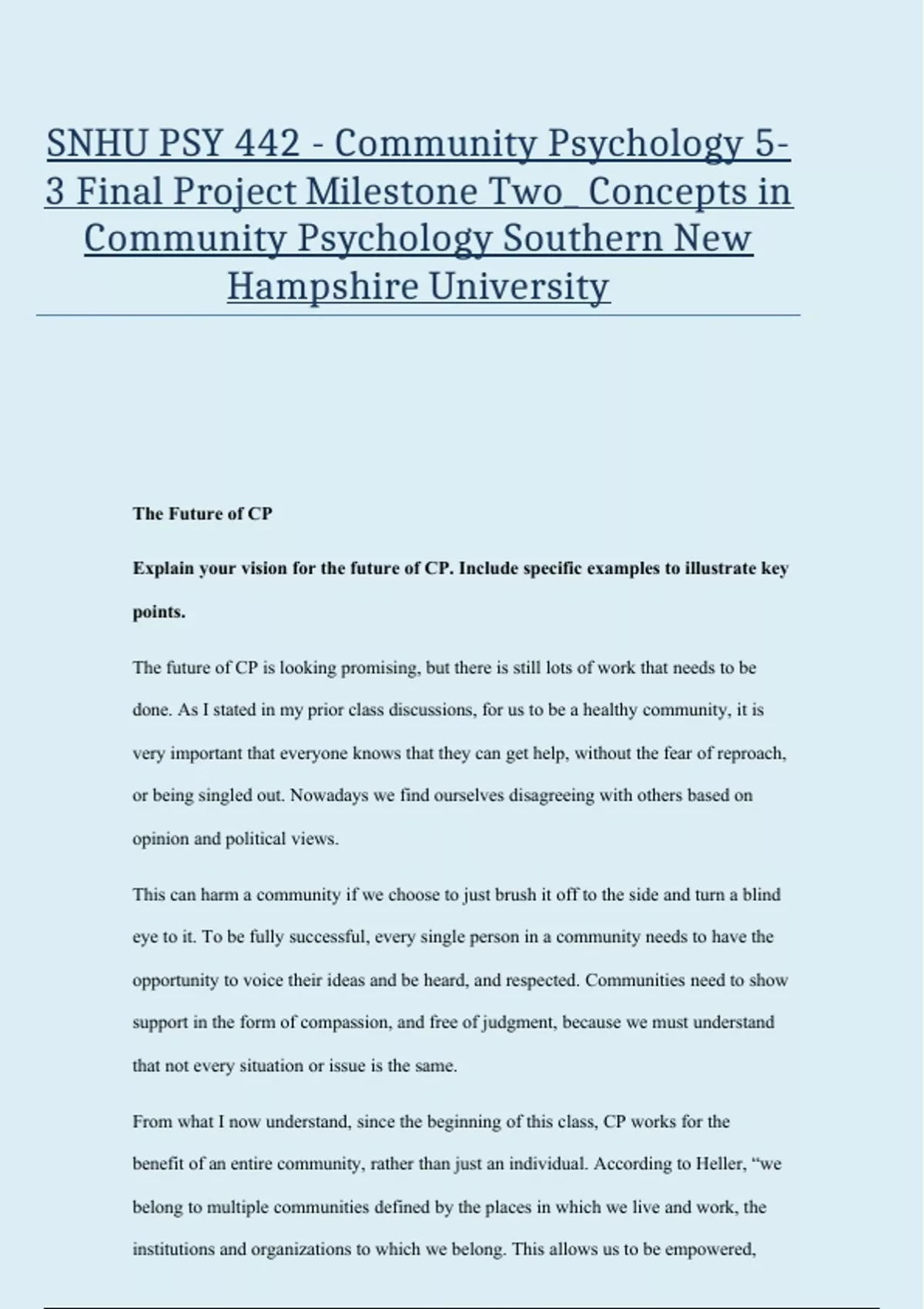 SNHU PSY 442 - Community Psychology |5-3 Final Project Milestone Two| Concepts in Community ...