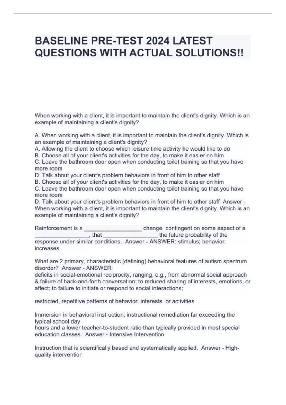 BASELINE PRE-TEST 2024 LATEST QUESTIONS WITH ACTUAL SOLUTIONS ...