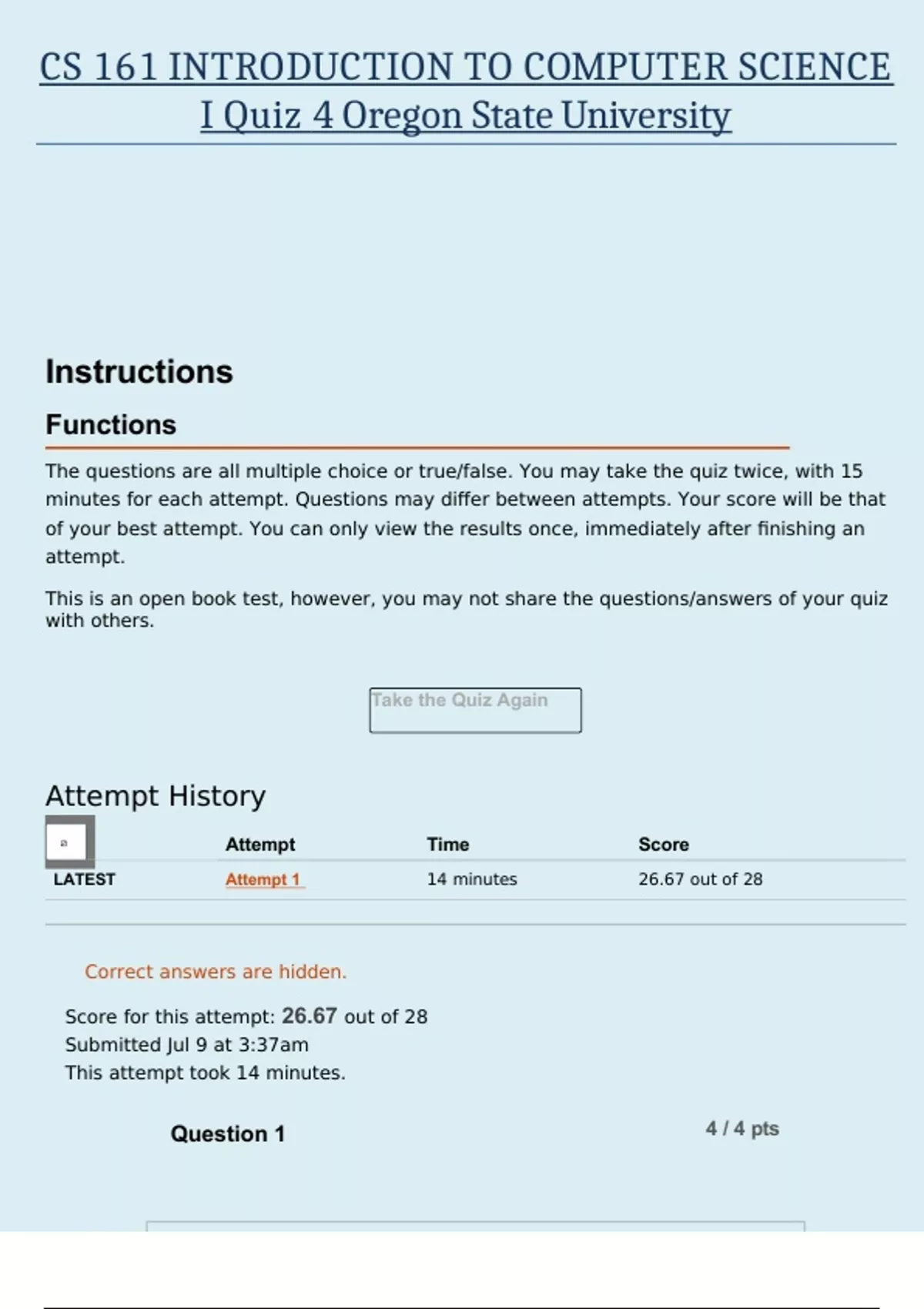 CS 161 INTRODUCTION TO COMPUTER SCIENCE I Quiz 4 Oregon State University - CS 161 - Stuvia US