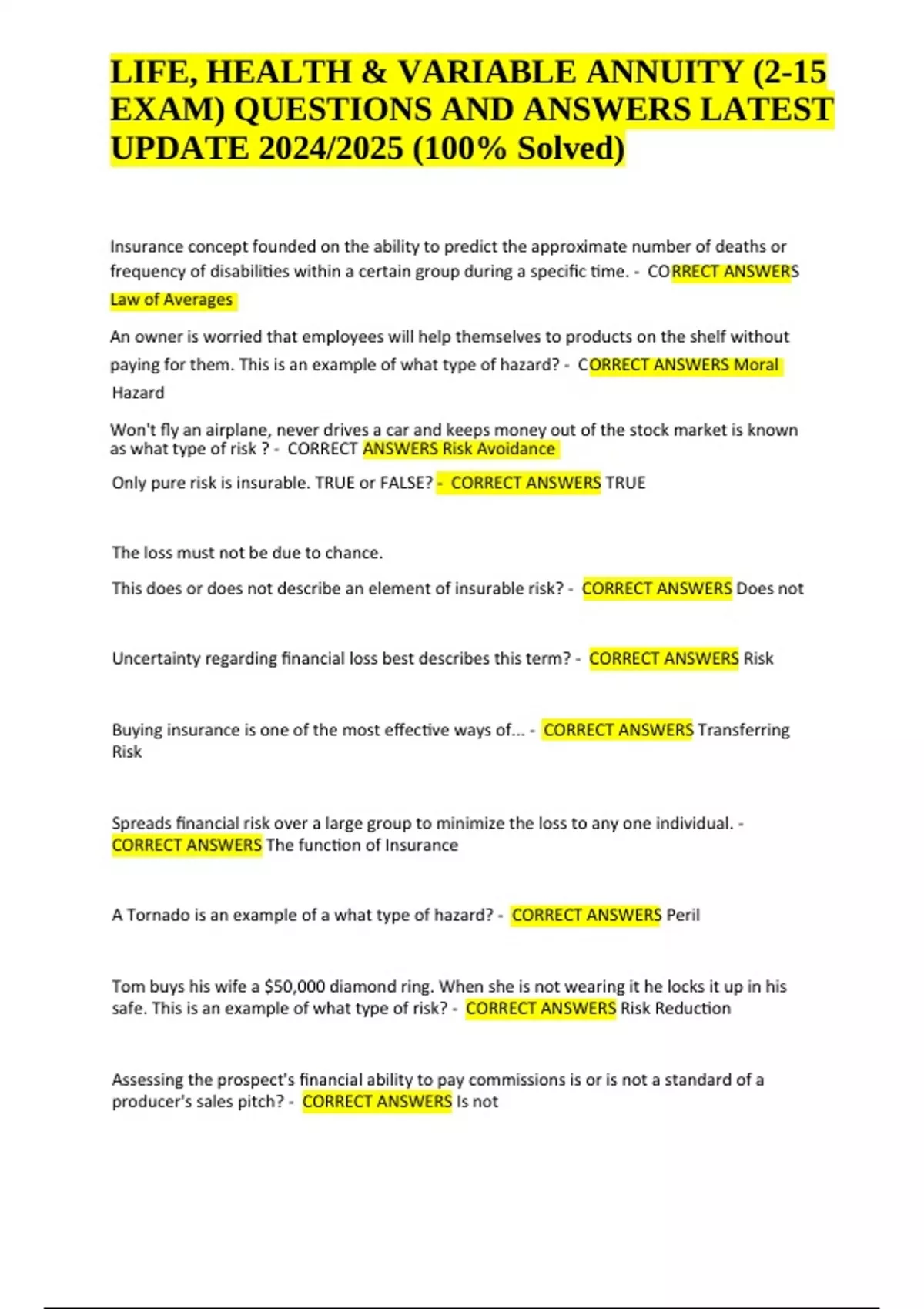 LIFE, HEALTH & VARIABLE ANNUITY (2-15 EXAM) QUESTIONS AND ANSWERS ...