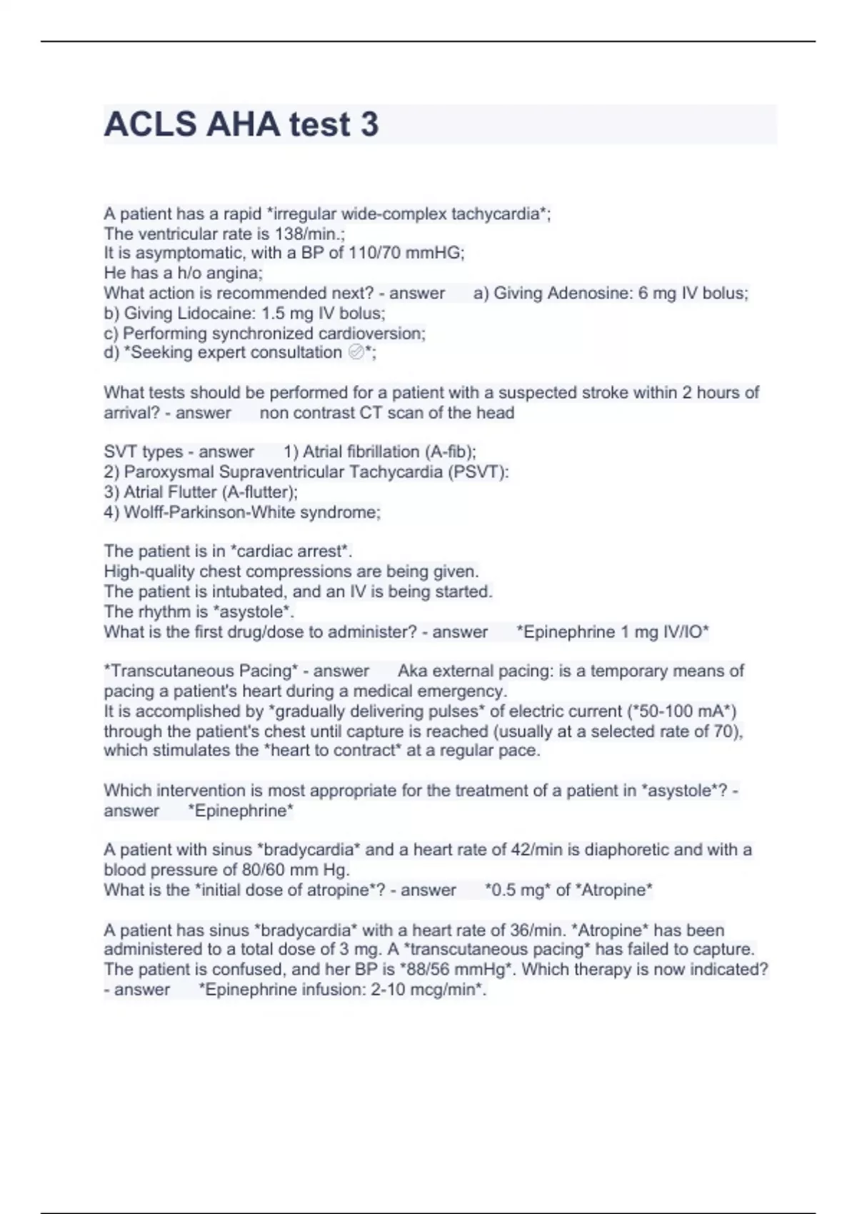 ACLS AHA test 3 Questions with correct Answers 2024 - AHA ACLS - Stuvia US