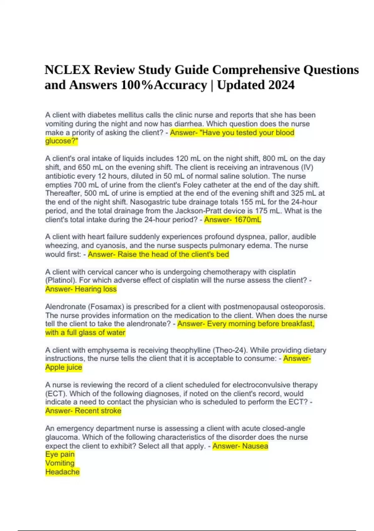 NCLEX Review Study Guide Comprehensive Questions and Answers 100 ...