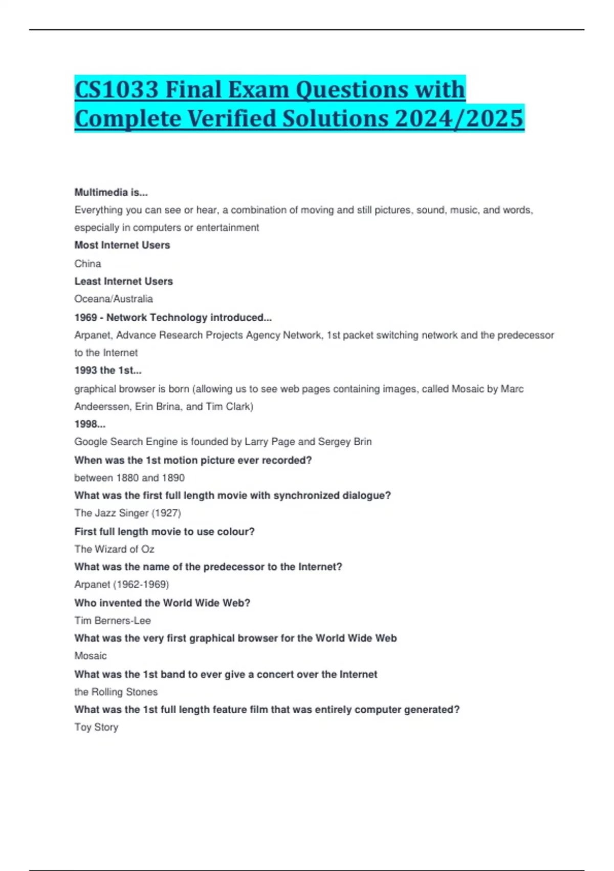 CS1033 Final Exam Questions with Complete Verified Solutions 2024/2025 ...