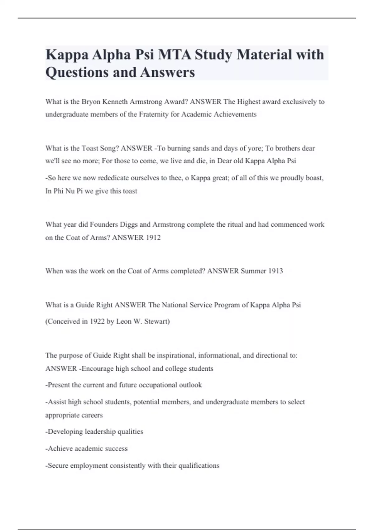 Kappa Alpha Psi MTA Study Material with Questions and Answers - Alpha Kappa Alpha - Stuvia US