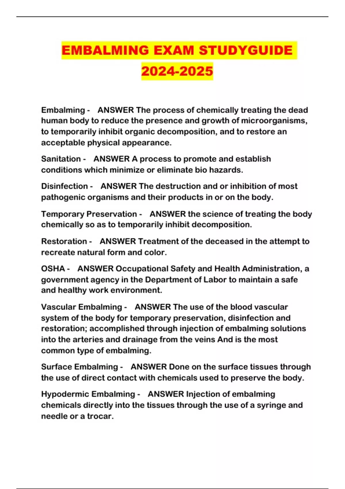 EMBALMING EXAM STUDYGUIDE - EMBALMING - Stuvia US