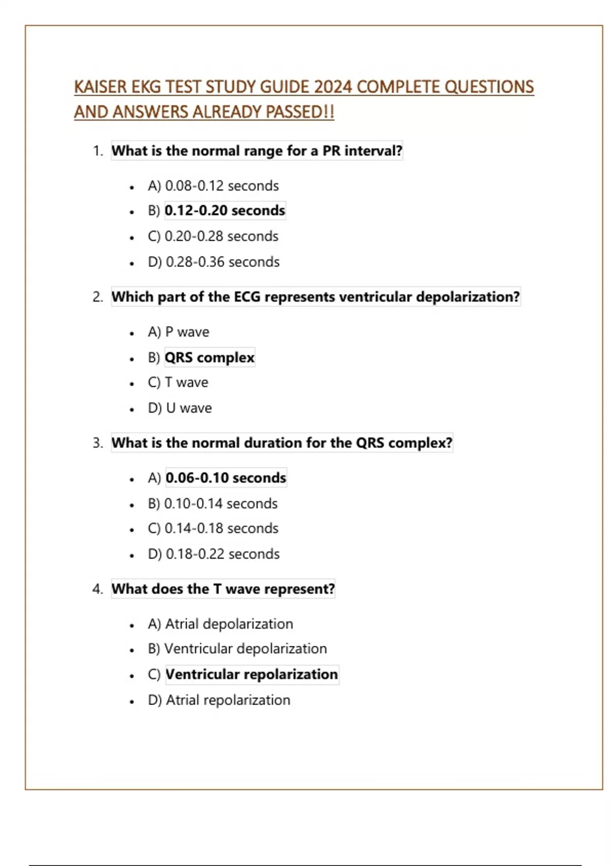 KAISER EKG TEST STUDY GUIDE 2024 COMPLETE QUESTIONS AND ANSWERS ALREADY ...