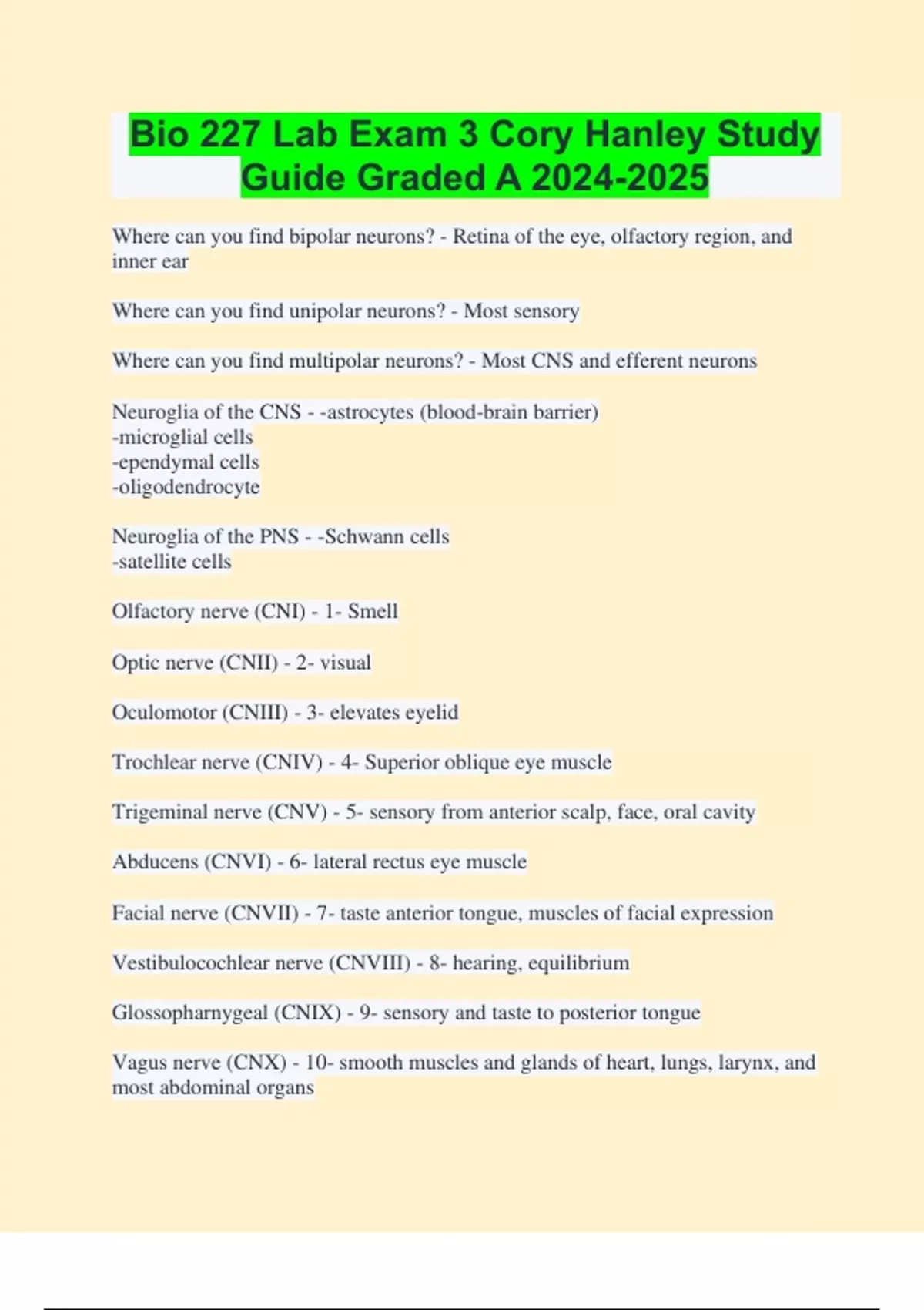 Bio 227 Lab Exam 3 Cory Hanley Study Guide Graded A - Bio 227 - Stuvia US
