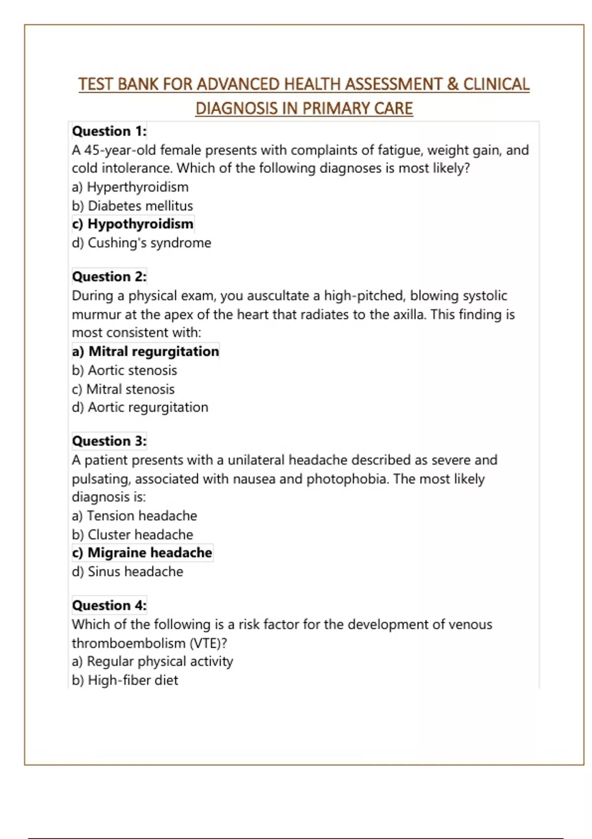 TEST BANK FOR ADVANCED HEALTH ASSESSMENT & CLINICAL DIAGNOSIS IN ...