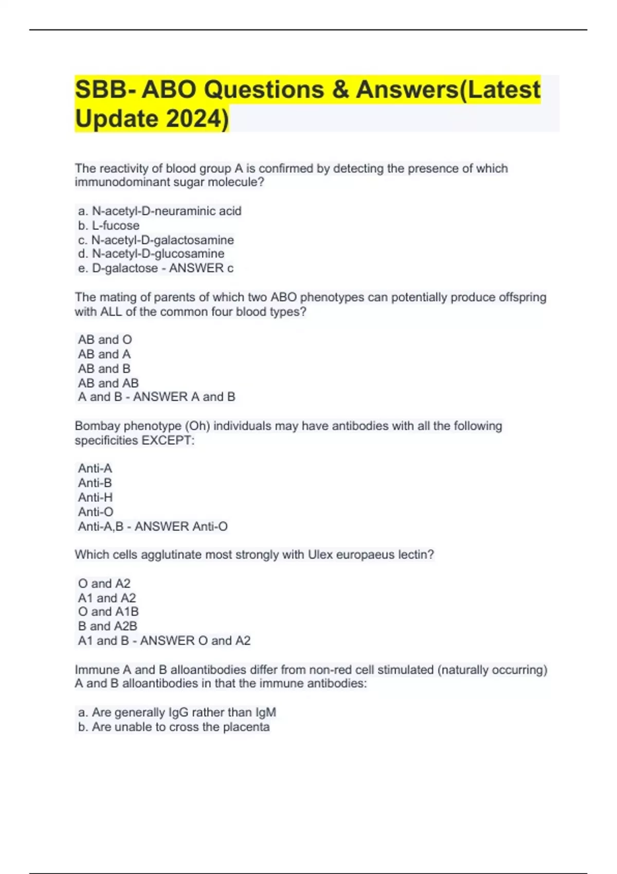 SBB- ABO Questions & Answers(Latest Update 2024) - SBB - Stuvia US