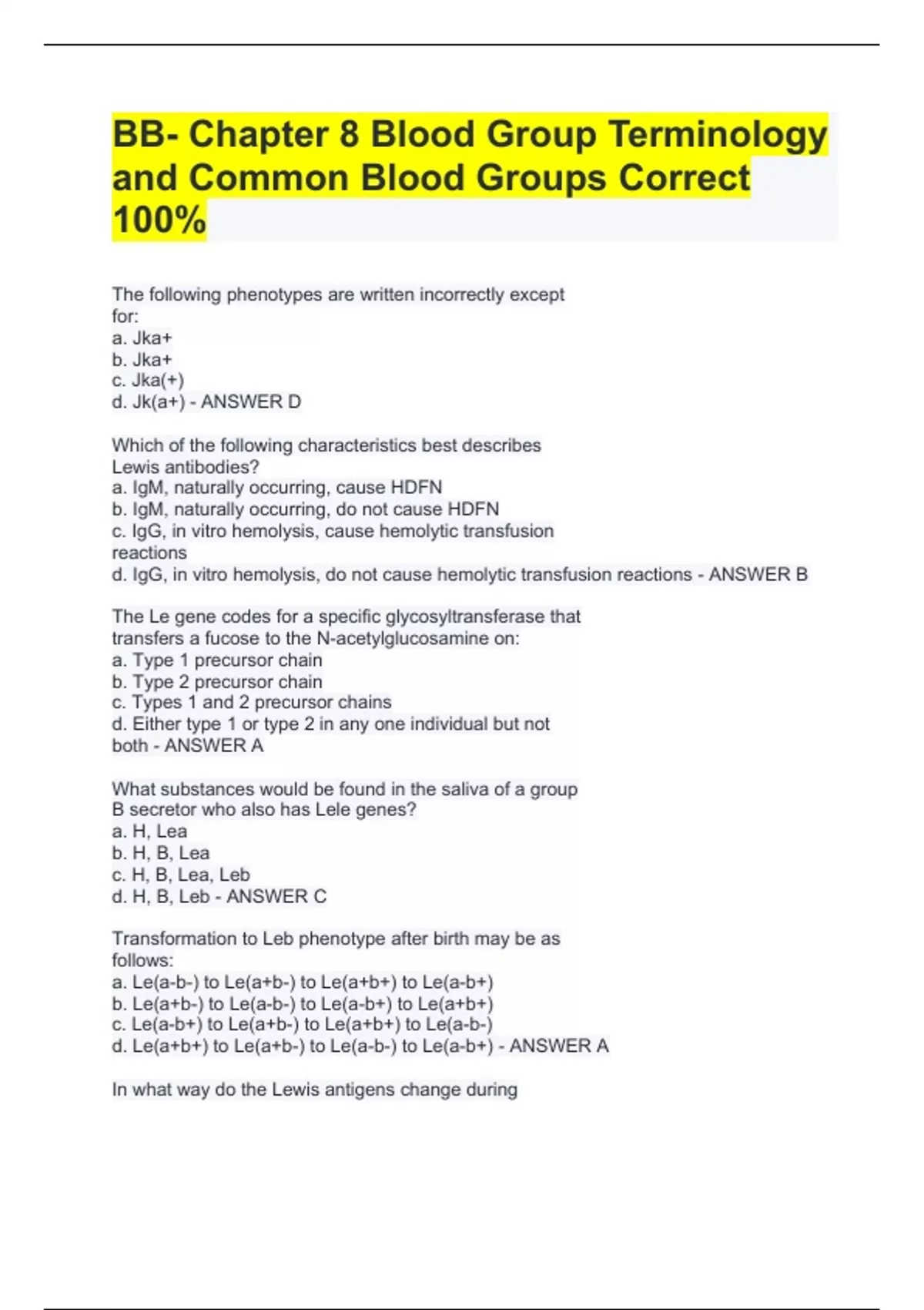 BB- Chapter 8 Blood Group Terminology and Common Blood Groups Correct ...