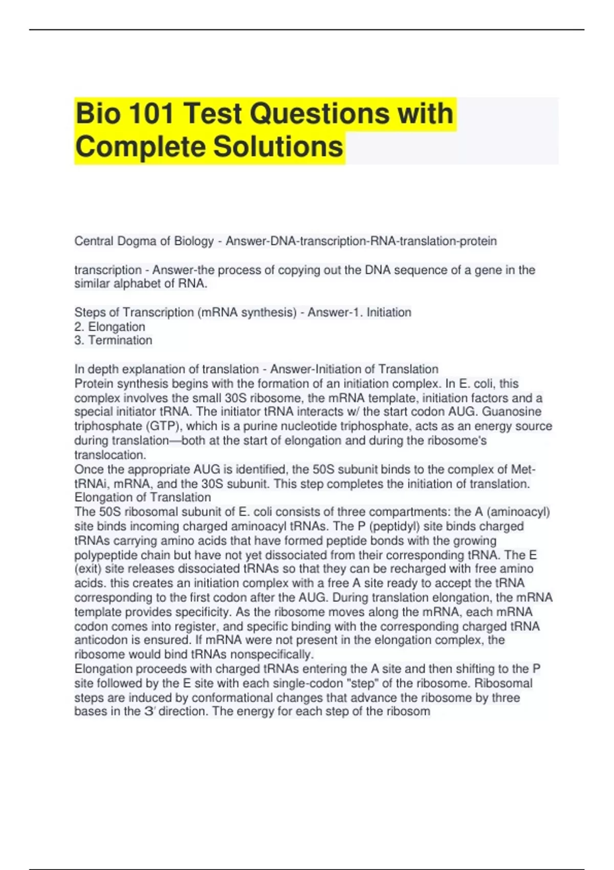 Bio 101 Test Questions With Complete Solutions Bio 101 Stuvia Us