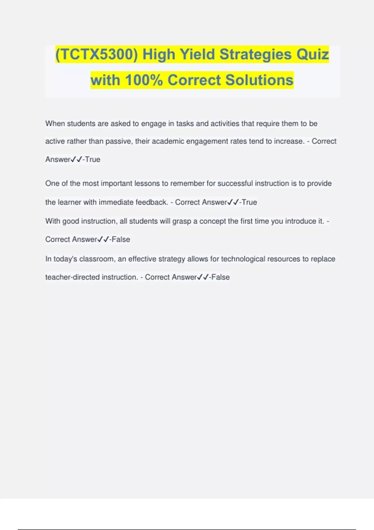 (TCTX5300) High Yield Strategies Quiz with 100% Correct Solutions ...