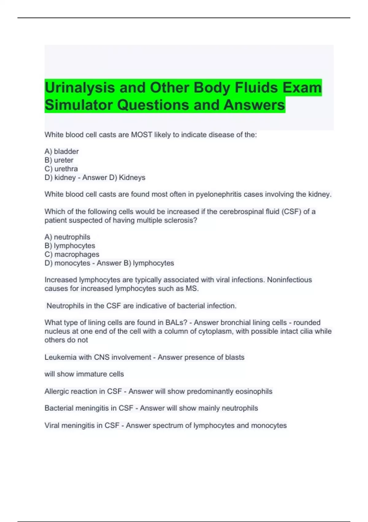Urinalysis and Other Body Fluids Exam Simulator Questions and Answers ...