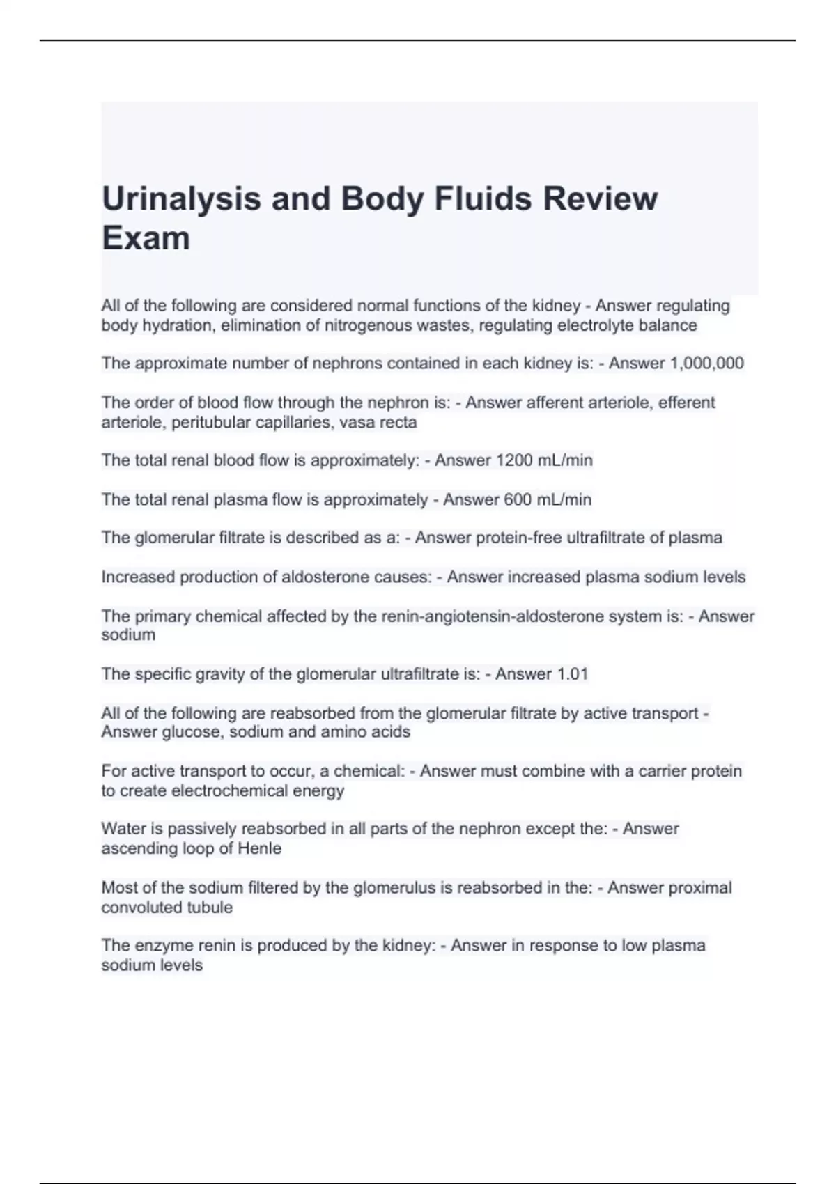 Urinalysis and Body Fluids Review Exam with complete solutions ...