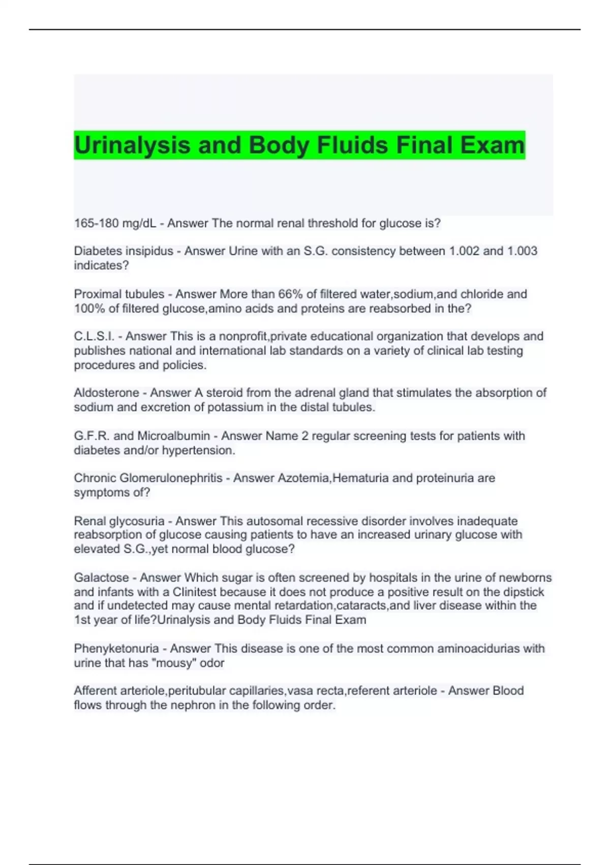 Urinalysis and Body Fluids Final Exam with correct Answers 2024 - URINALYSIS AND BODY FLUIDS ...