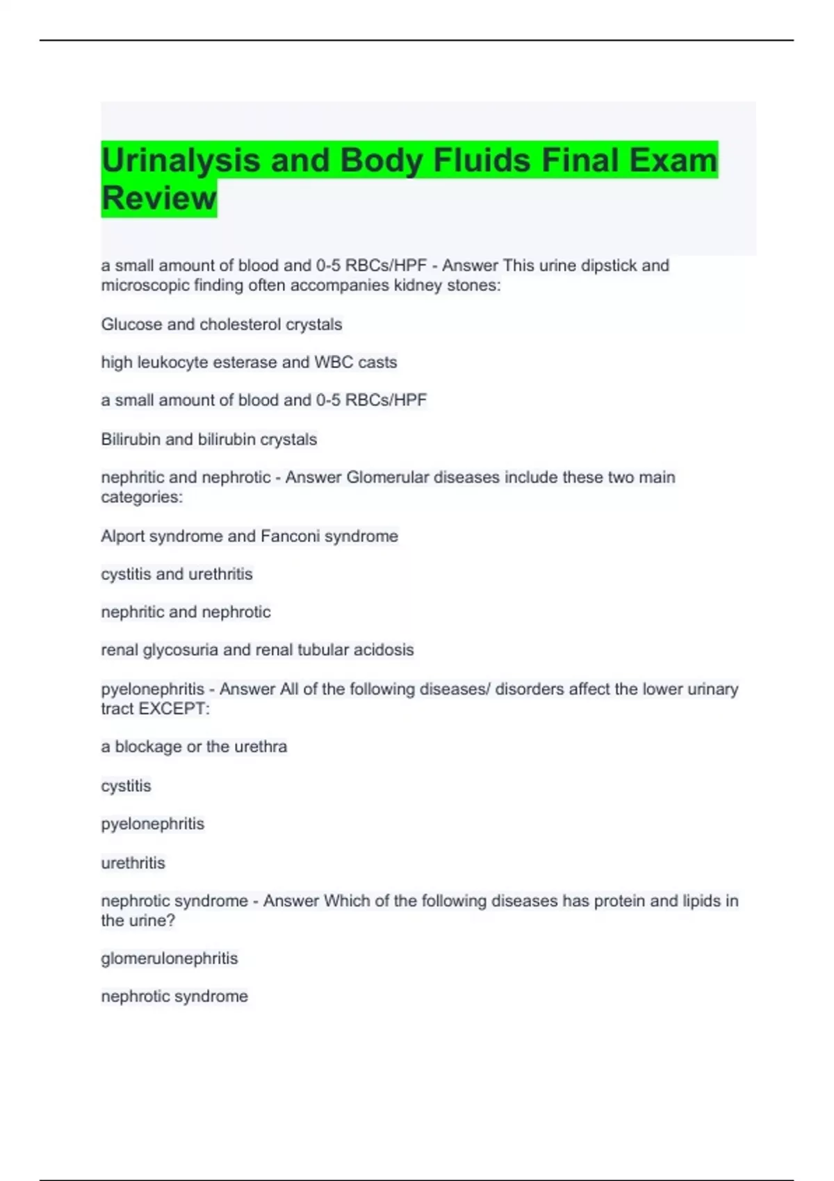 Urinalysis and Body Fluids Final Exam Review 2024 Questions and Answers ...