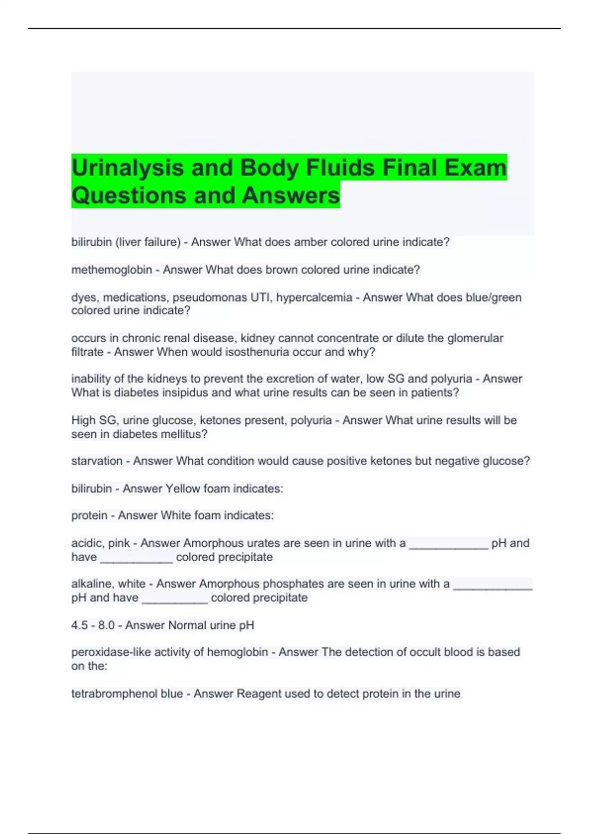 Urinalysis and Body Fluids Final Exam Questions and Answers - URINALYSIS AND BODY FLUIDS - Stuvia US