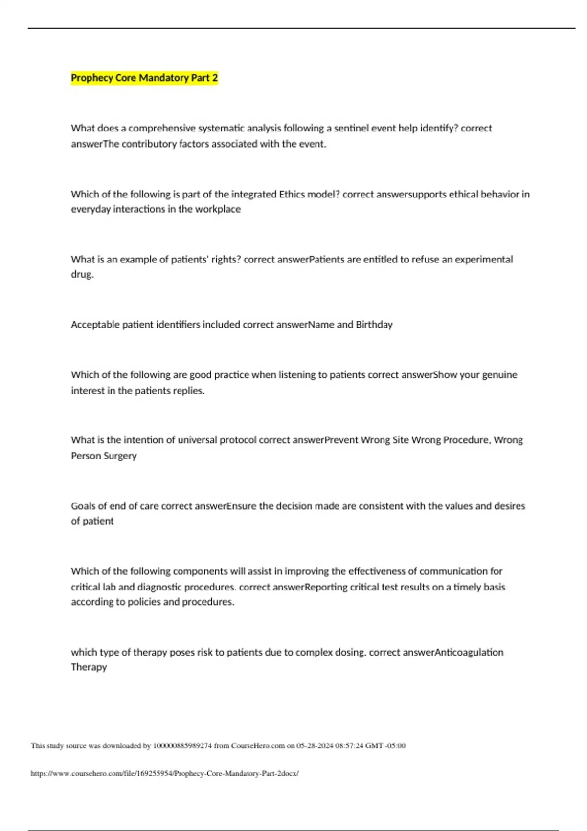 Prophecy Core Mandatory Part 2, Exams of Nursing - HR 96 - Stuvia US