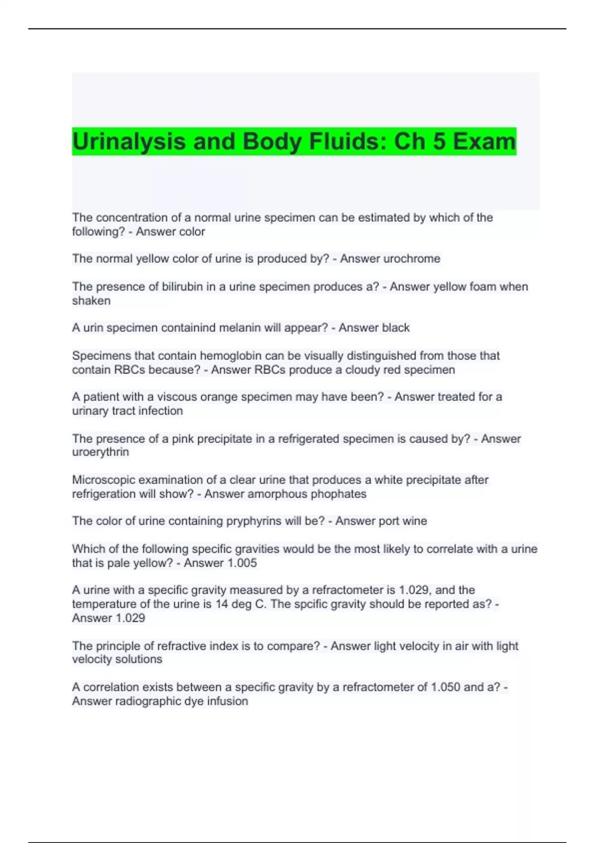 Urinalysis and Body Fluids Ch 5 Exam with correct Answers - URINALYSIS AND BODY FLUIDS - Stuvia US