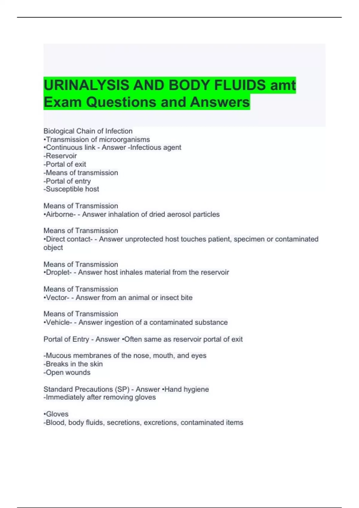 URINALYSIS AND BODY FLUIDS amt Exam Questions and Answers - URINALYSIS ...