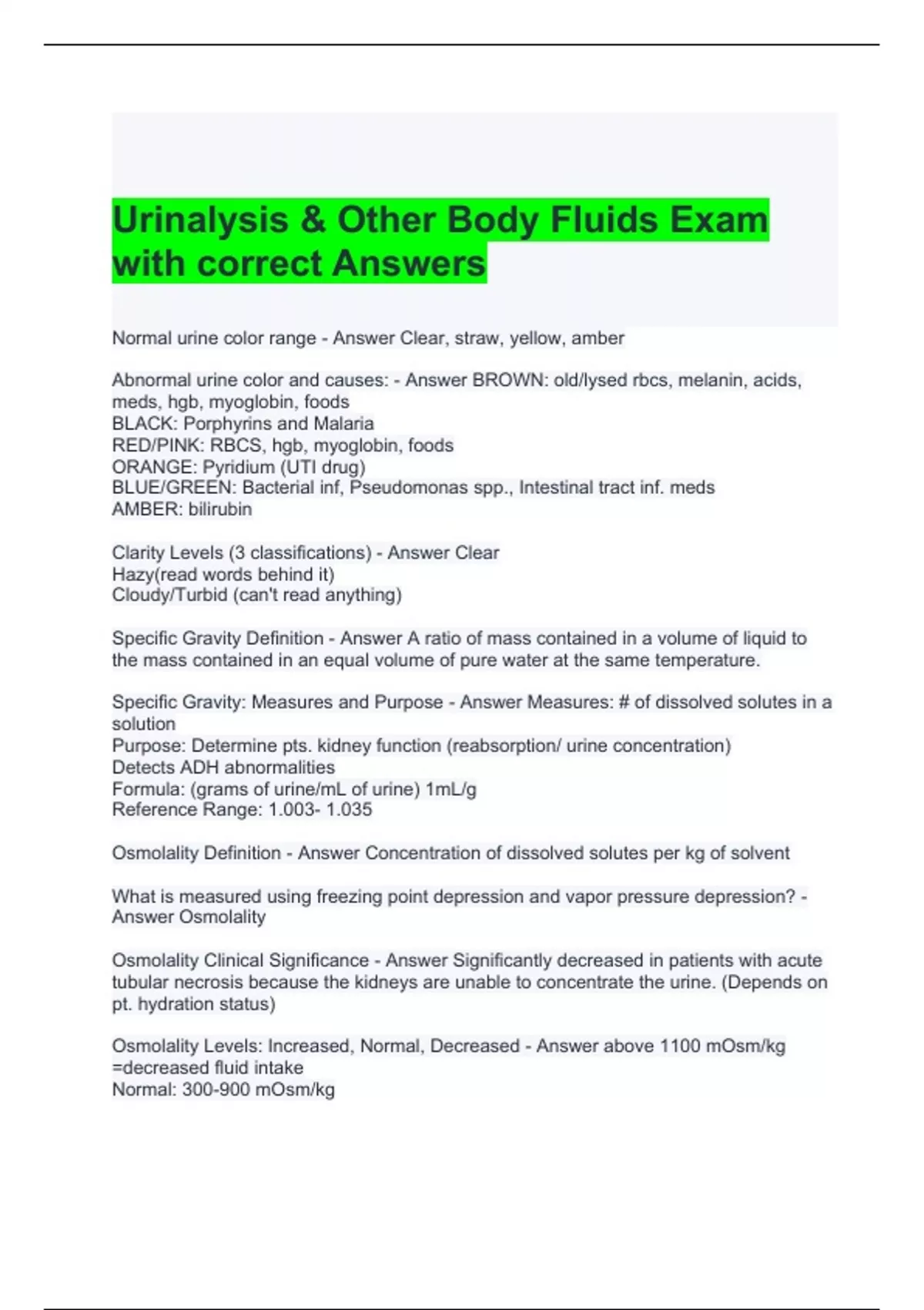Urinalysis & Other Body Fluids Exam with correct Answers - URINALYSIS ...