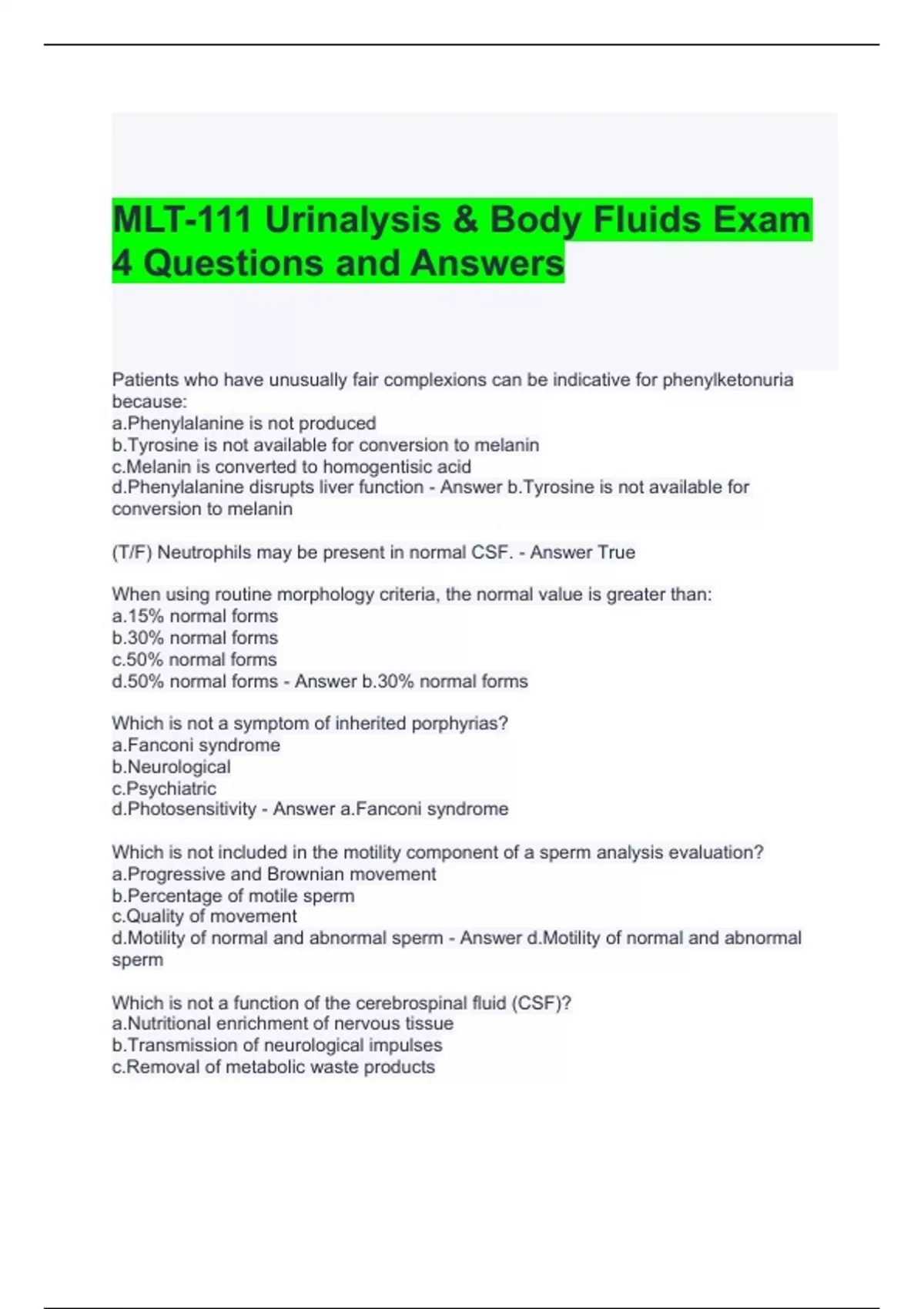 MLT-111 Urinalysis & Body Fluids Exam 4 Questions and Answers ...