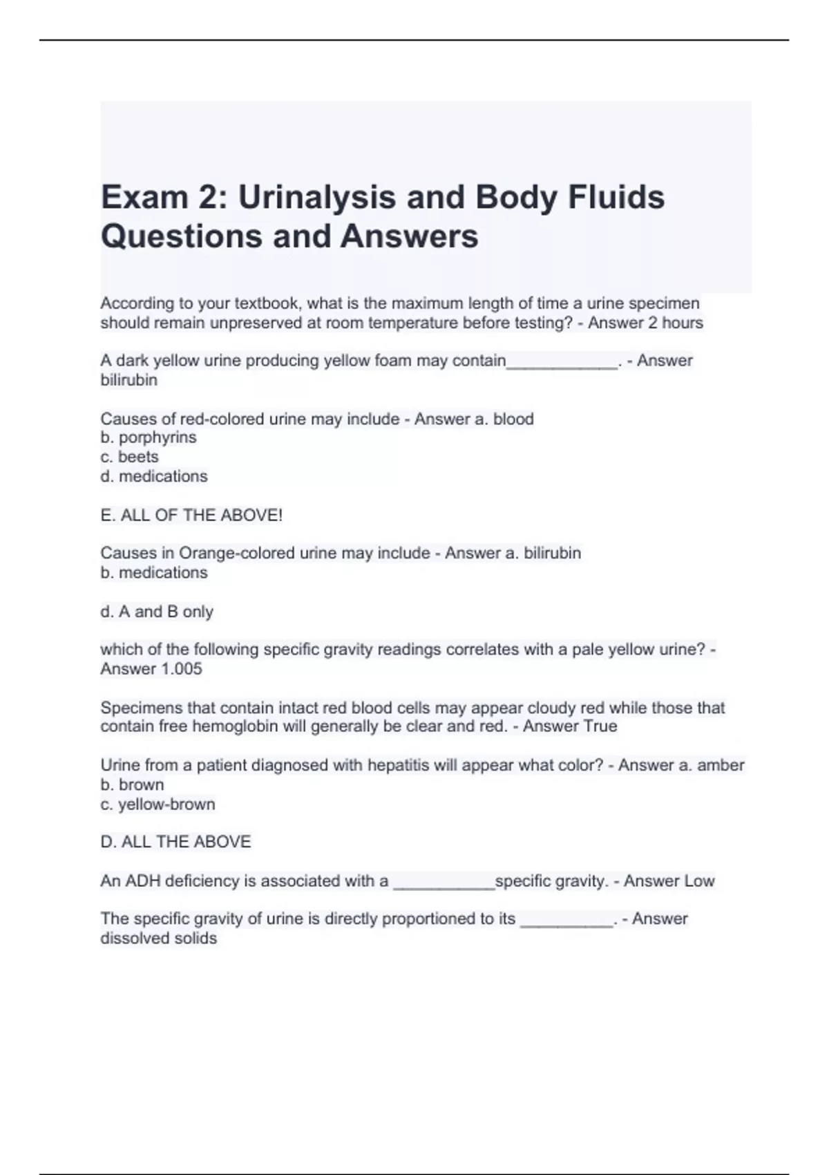 Exam 2 Urinalysis and Body Fluids Questions and Answers - URINALYSIS ...