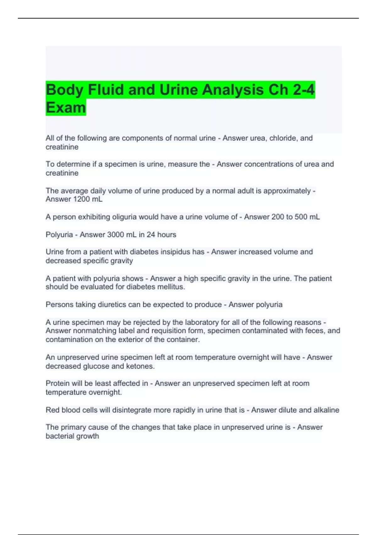 Body Fluid and Urine Analysis Ch 2-4 Exam Questions and Answers - URINALYSIS AND BODY FLUIDS ...