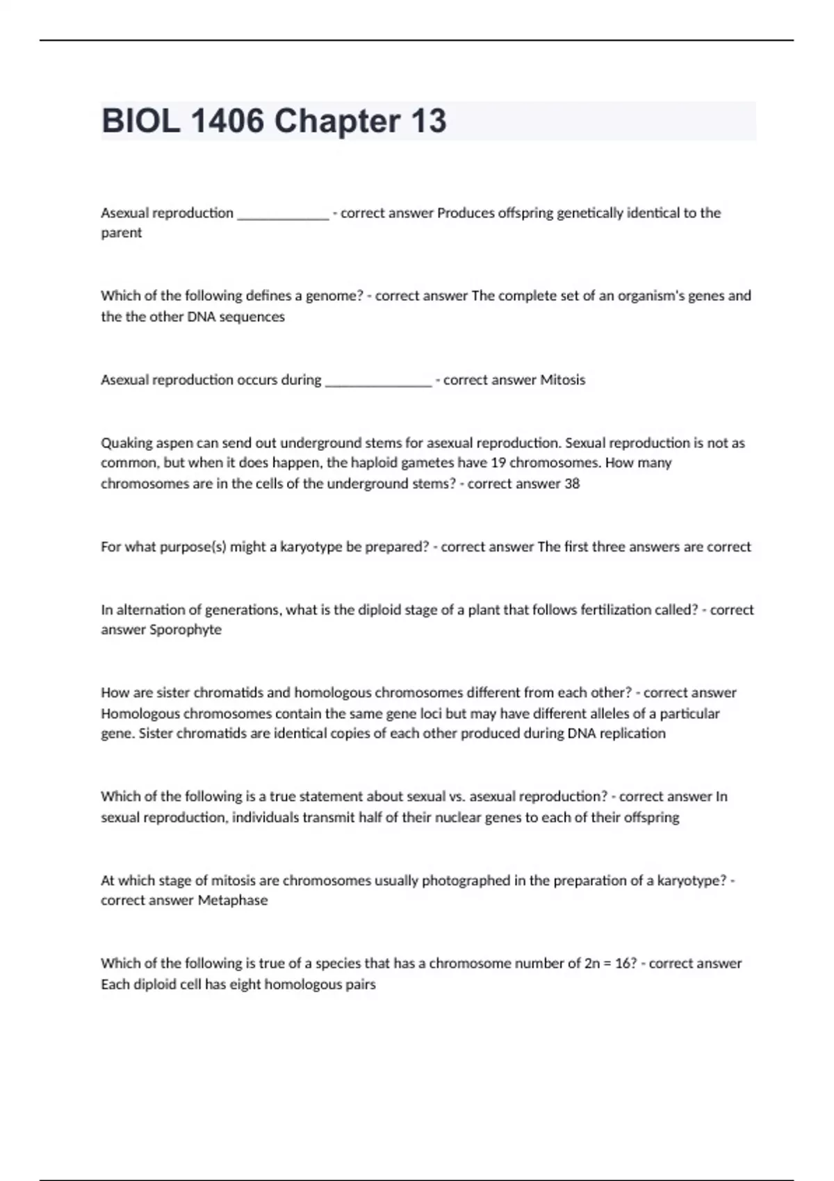 BIOL 1406 Chapter 13 questions and answers - Biology 1406 - Stuvia US