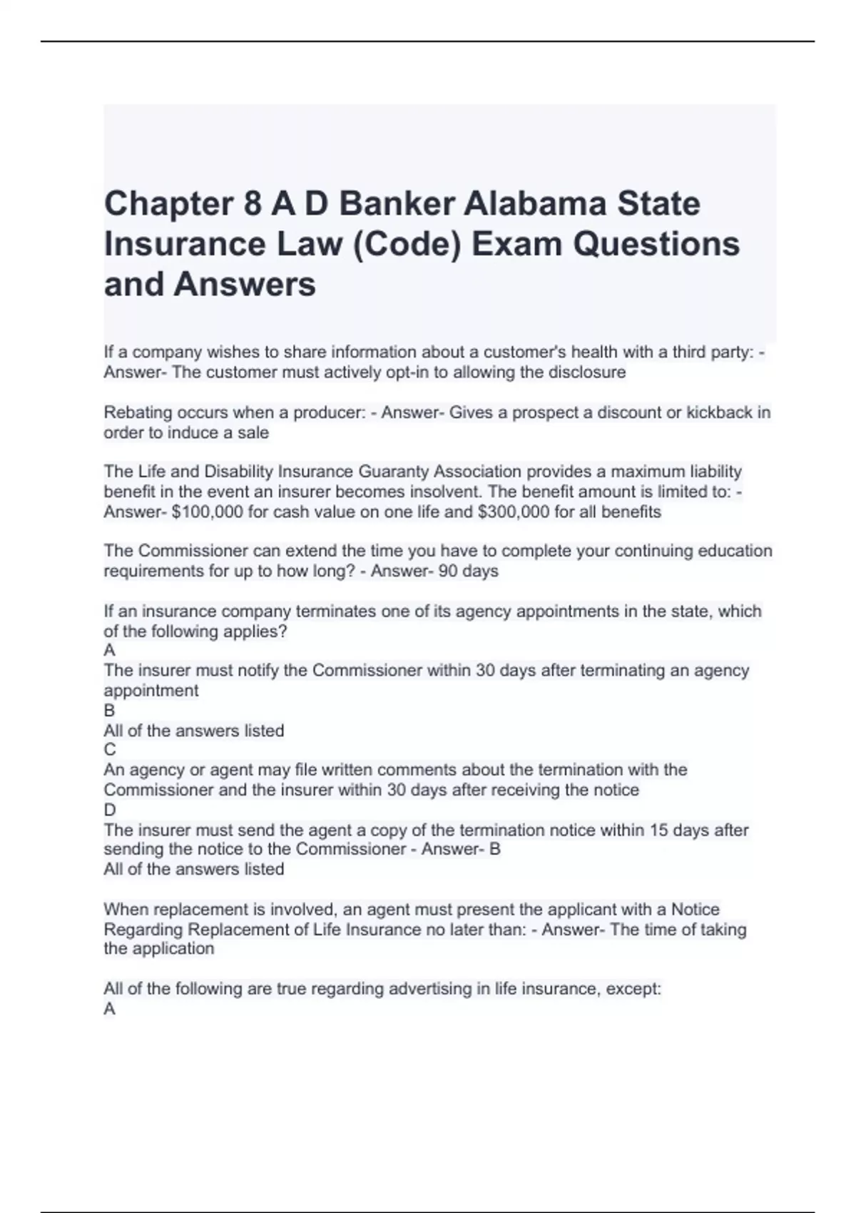 Chapter 8 A D Banker Alabama State Insurance Law (Code) Exam Questions ...