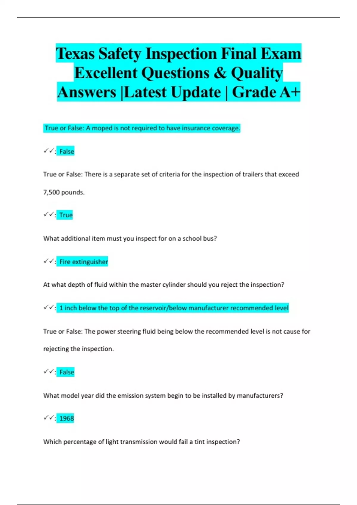 Texas Safety Inspection Final Exam Excellent Questions & Quality ...