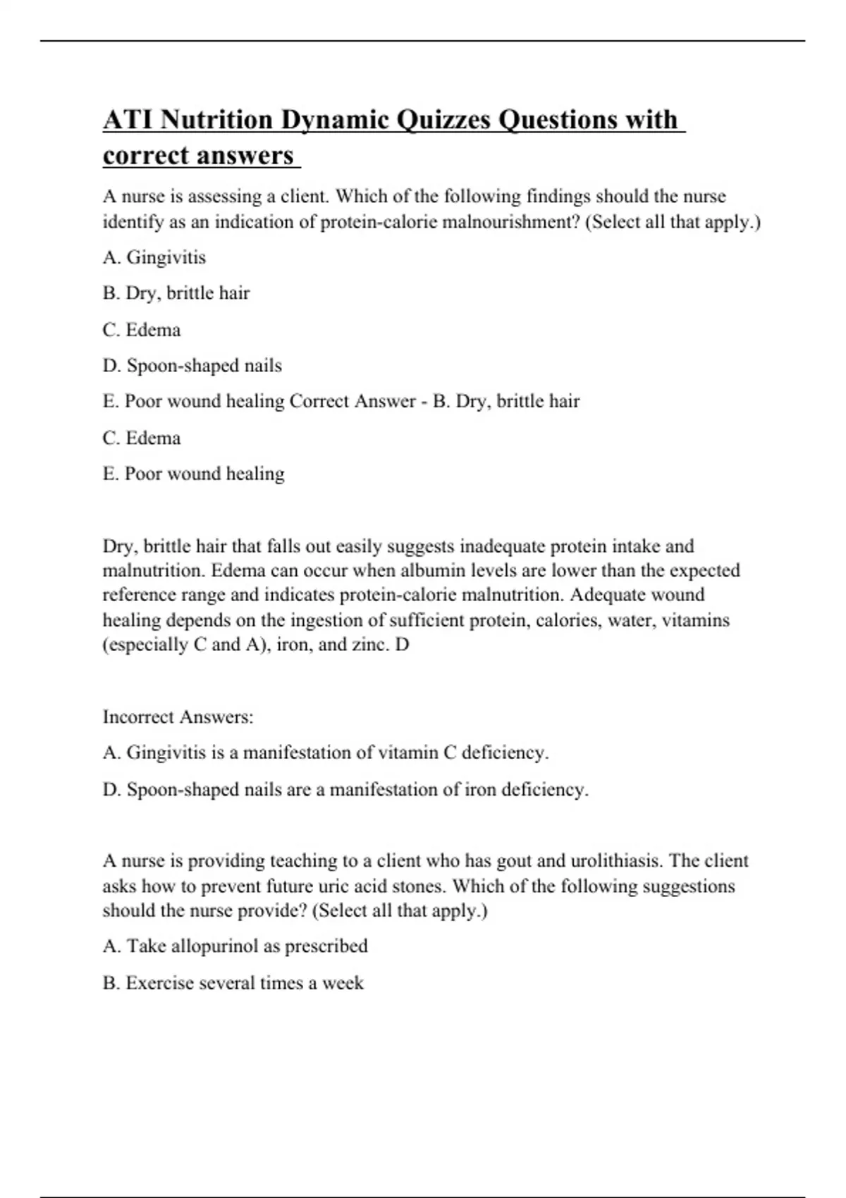 ATI Nutrition Dynamic Quizzes Questions with correct answers - ATI ...