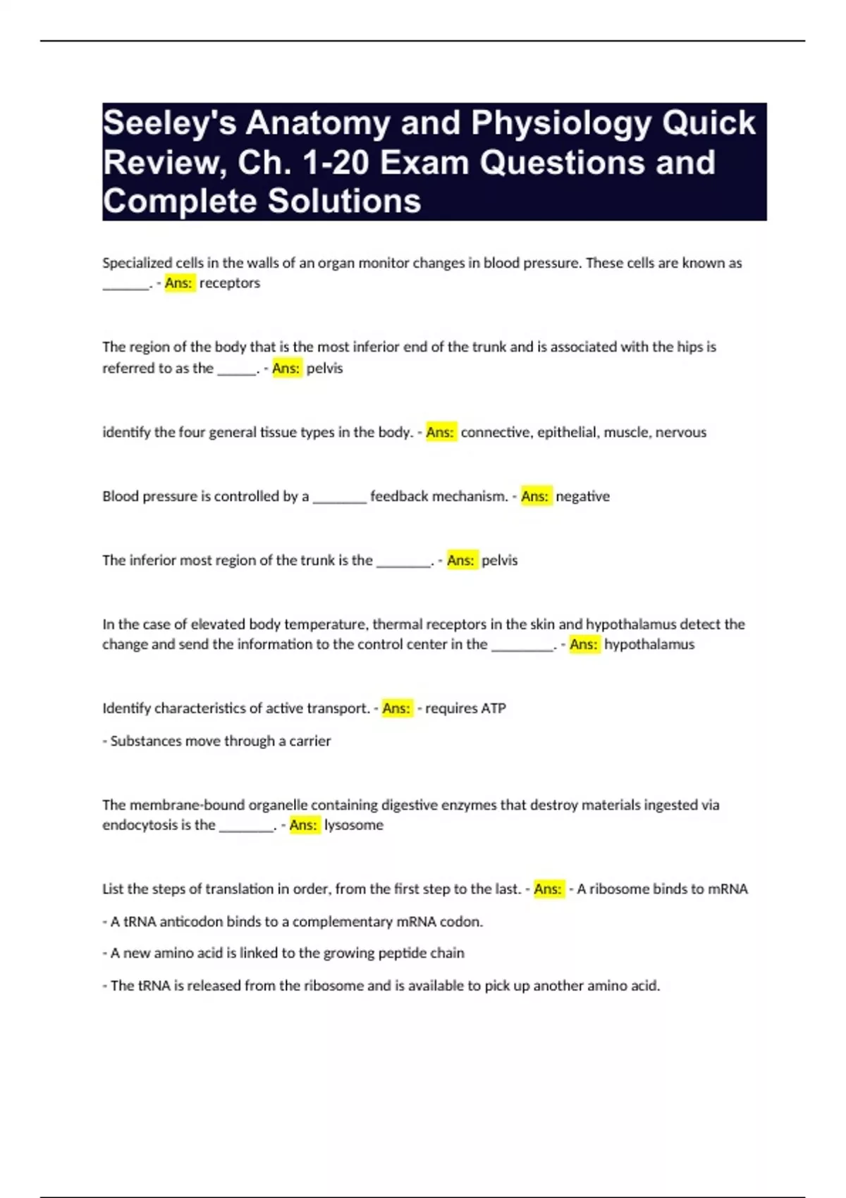 Seeley's Anatomy and Physiology Quick Review, Ch. 1-20 Exam Questions ...