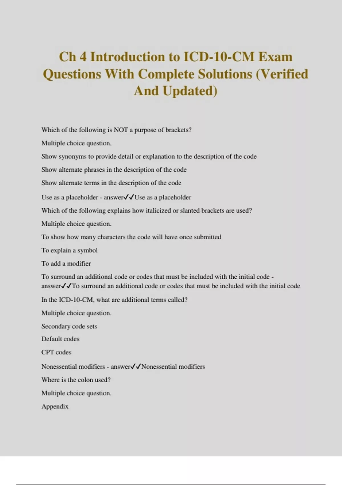 Ch 4 Introduction to ICD-10-CM Exam Questions With Complete Solutions ...