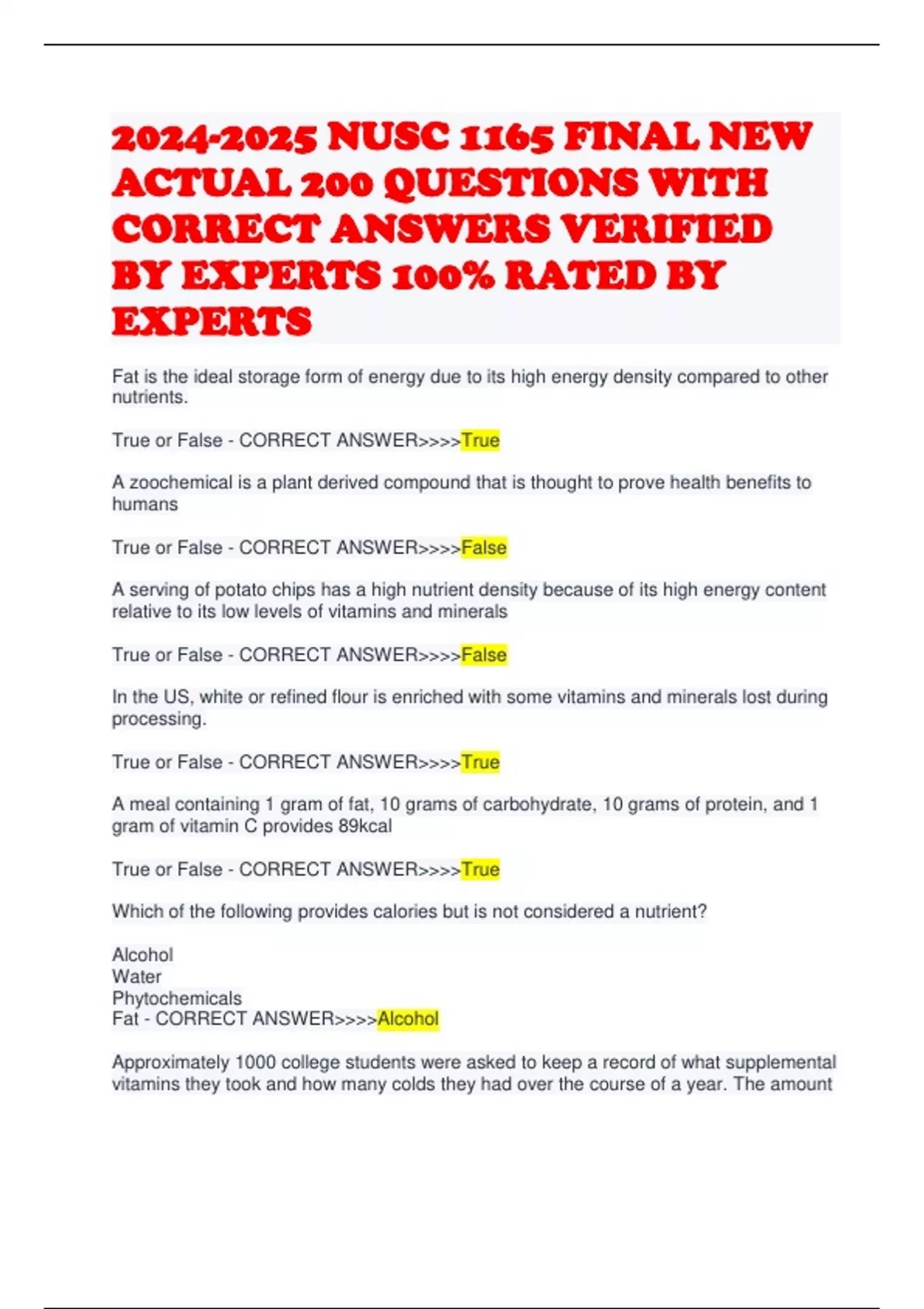 NUSC 1165 FINAL NEW ACTUAL 200 QUESTIONS WITH CORRECT ANSWERS VERIFIED ...