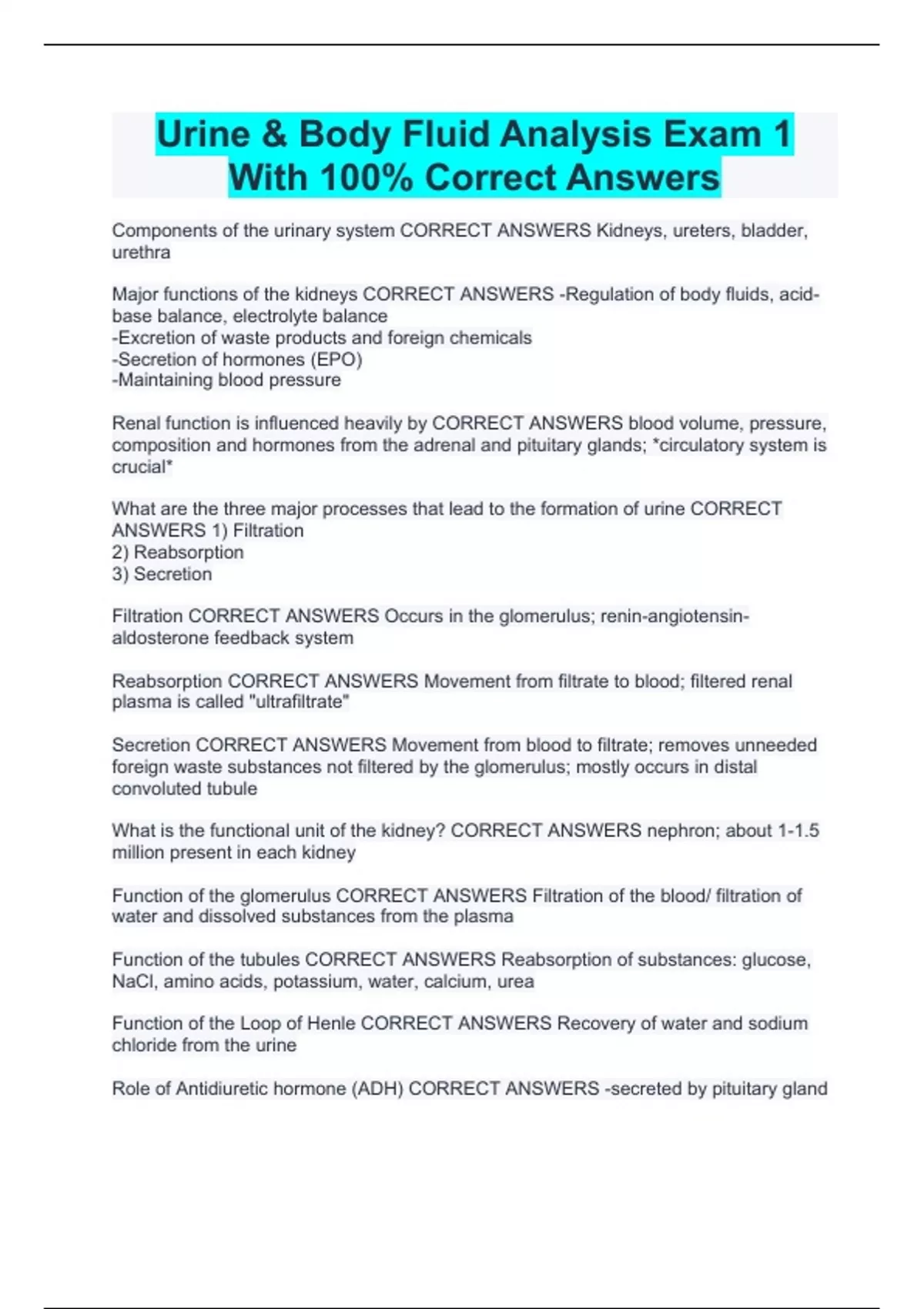 Urine & Body Fluid Analysis Exam 1 With 100% Correct Answers - Urinalysis and Body Fluids ...