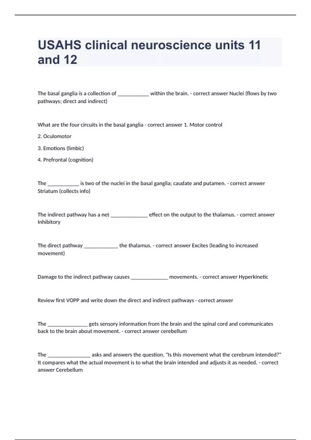 USAHS clinical neuroscience units 11 and 12 questions and answers ...