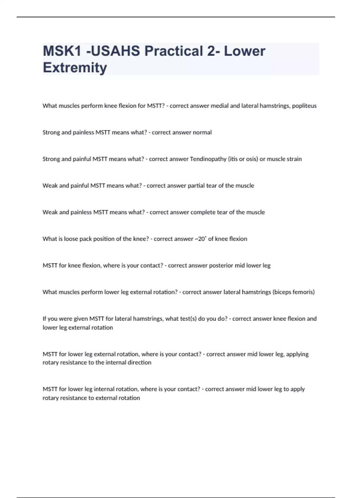 MSK1 -USAHS Practical 2- Lower Extremity questions and answers already solved 2024 - USAHS ...