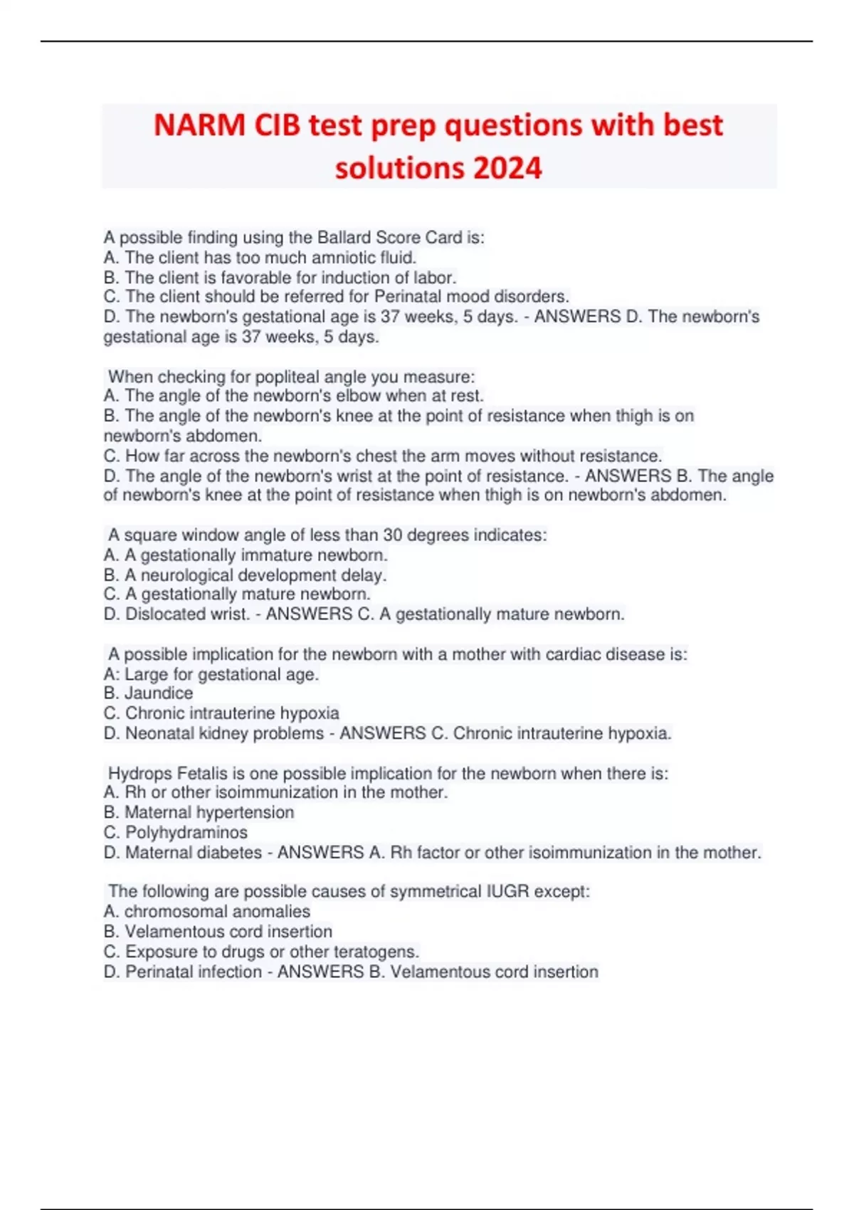 NARM CIB test prep questions with best solutions 2024 - NARM - Stuvia US