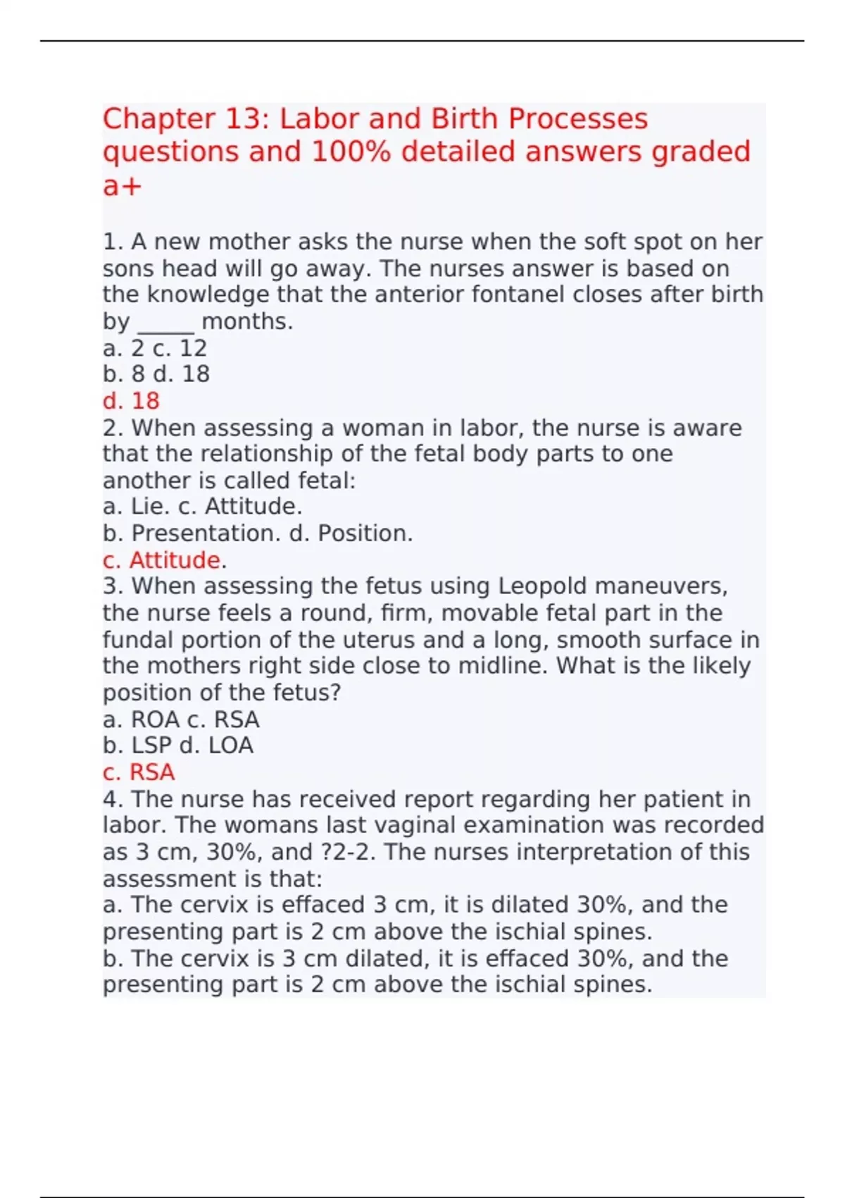Chapter 13: Labor and Birth Processes questions and 100% detailed ...