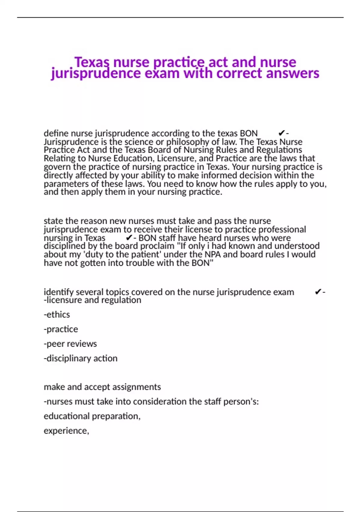 Texas nurse practice act and nurse jurisprudence exam with correct ...
