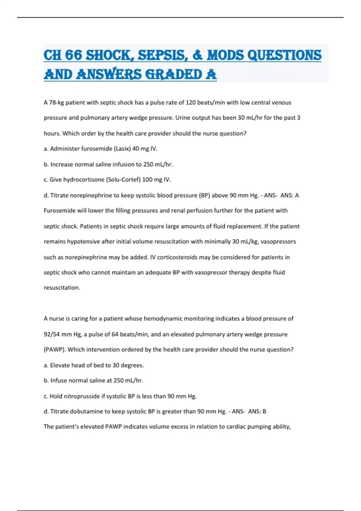 Ch 66 Shock, Sepsis, & MODS Questions and Answers Graded A - Ch 66 ...