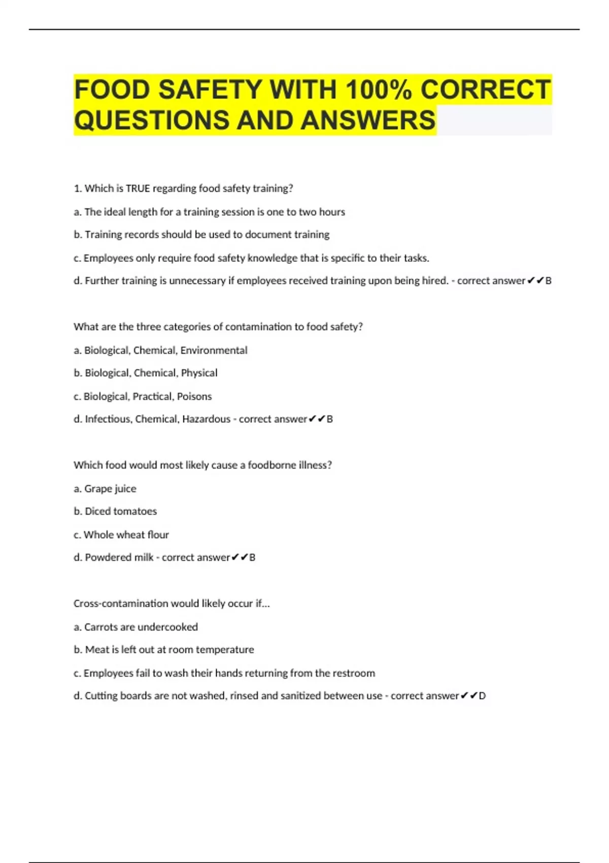 FOOD SAFETY WITH 100% CORRECT QUESTIONS AND ANSWERS - Food Safety ...