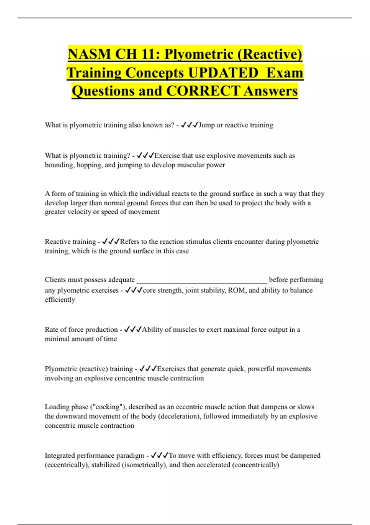 NASM CH 11: Plyometric (Reactive) Training Concepts UPDATED Exam Questions and CORRECT Answers ...