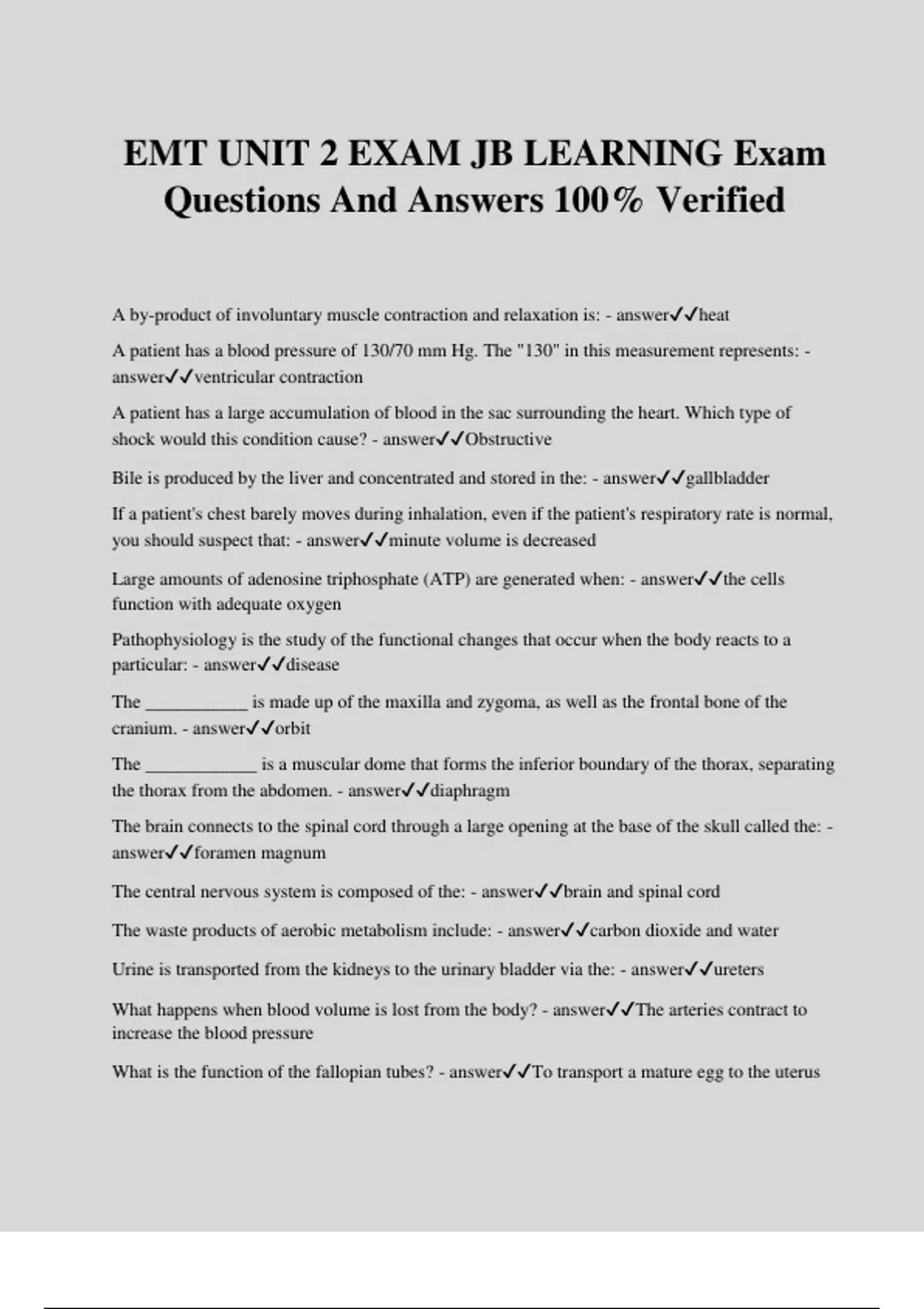 EMT UNIT 2 EXAM JB LEARNING Exam Questions And Answers 100% Verified - JB Learning - Stuvia US