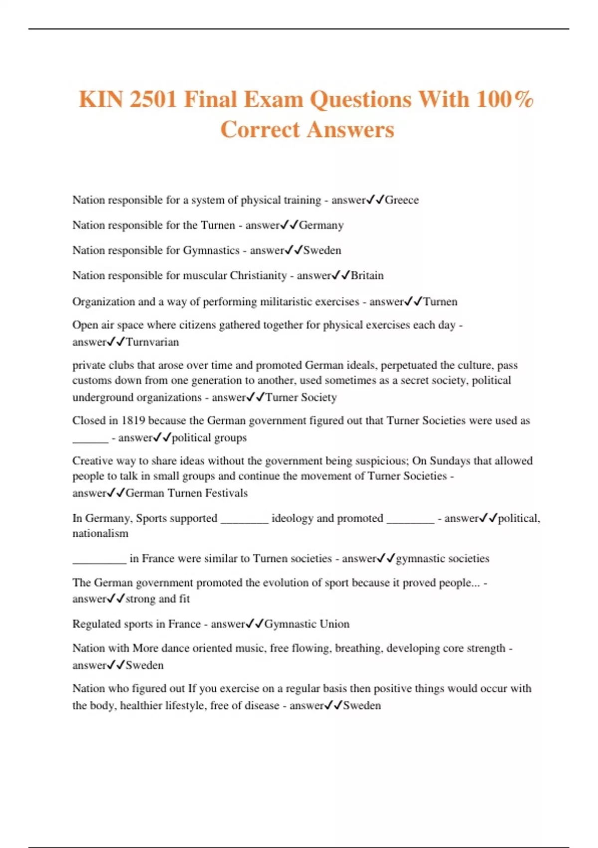 KIN 2501 Final Exam Questions With 100% Correct Answers - KIN 2501 - Stuvia US