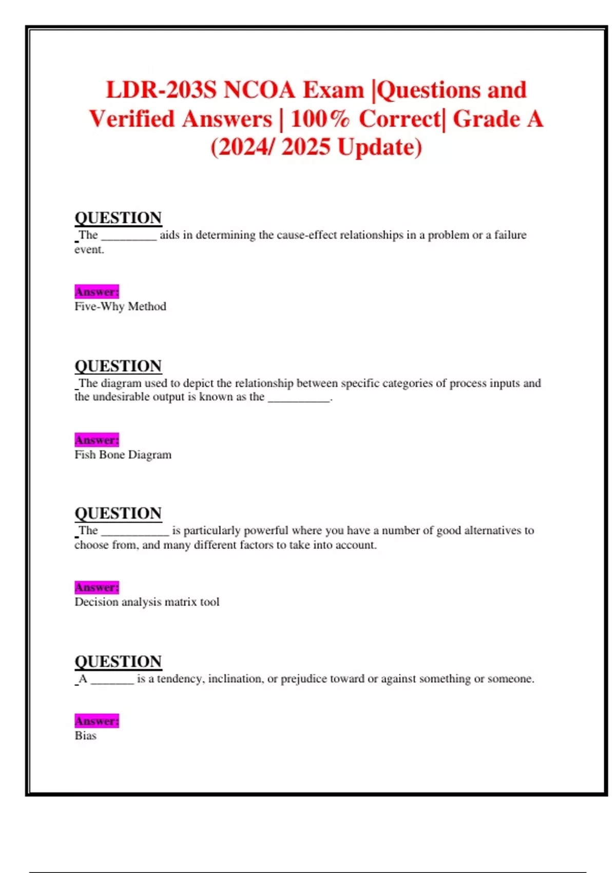 LDR-203S NCOA Exam |Questions and Verified Answers | 100% Correct ...