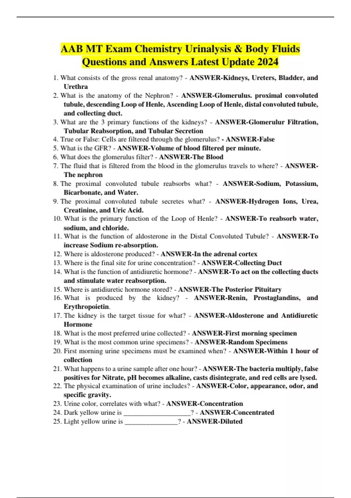 AAB MT Exam Chemistry Urinalysis & Body Fluids Questions and Answers ...