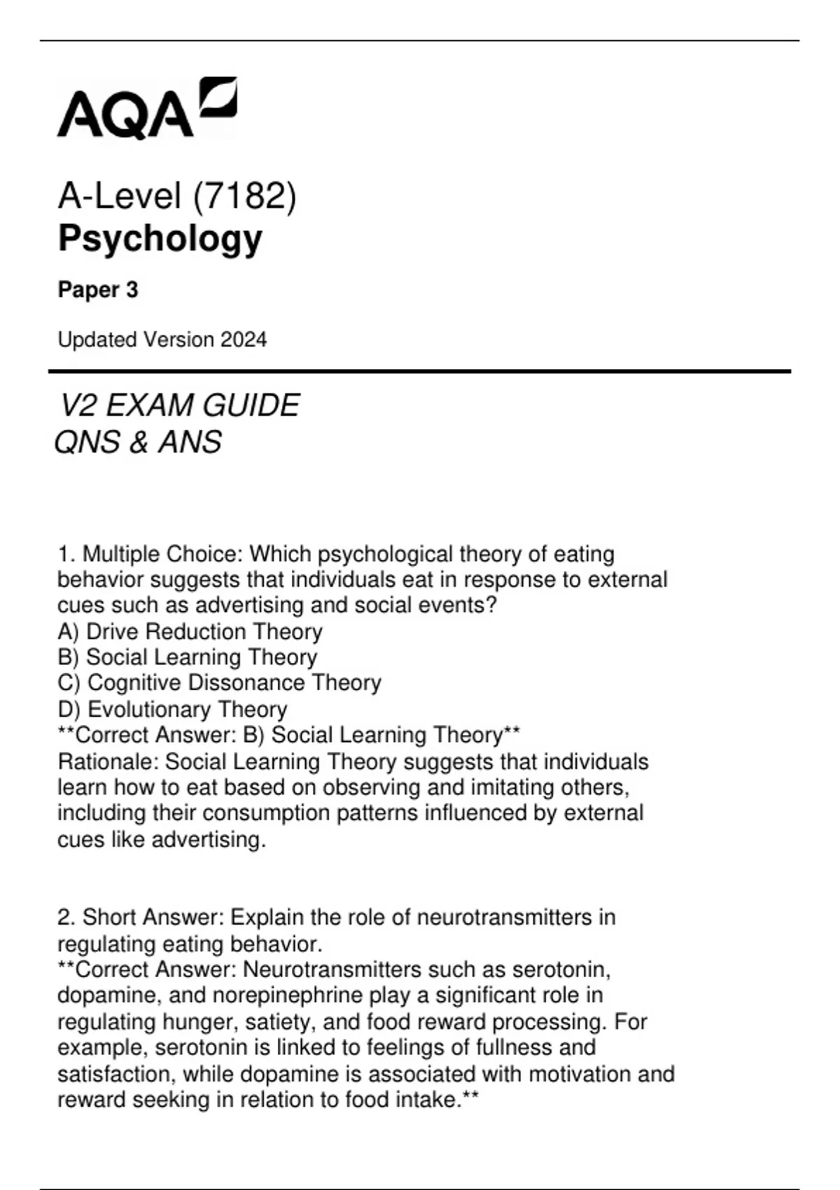 (7182) AQA A-Level Psychology Paper 3 Exam Guide Qns & Ans Updated ...