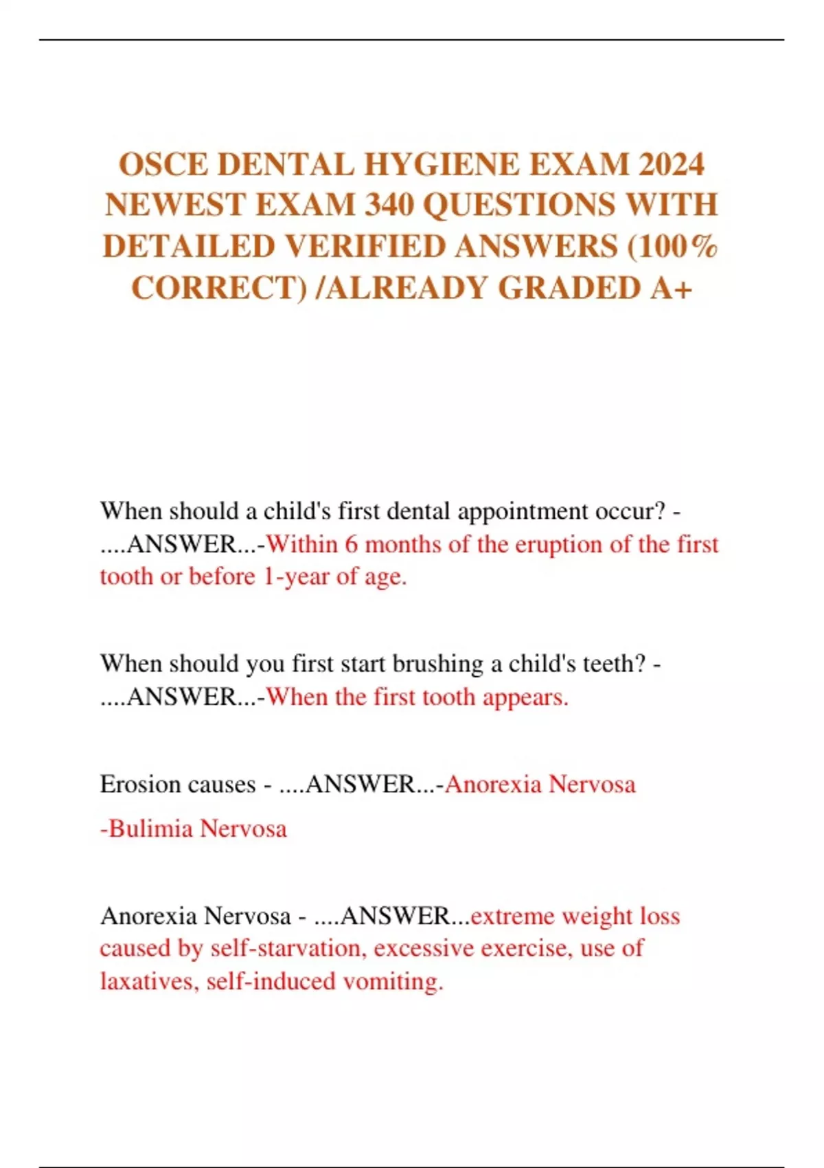 OSCE DENTAL HYGIENE EXAM 2024 NEWEST EXAM 340 QUESTIONS WITH DETAILED ...